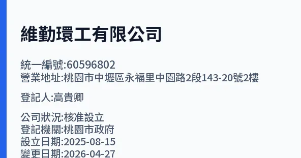 維勤環工有限公司的照片-統編 60596802(桃園市) 公司登記資料與營業項目詳細圖表