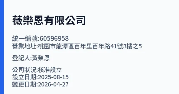 薇樂恩有限公司的照片-統編 60596958(桃園市) 公司登記資料與營業項目詳細圖表