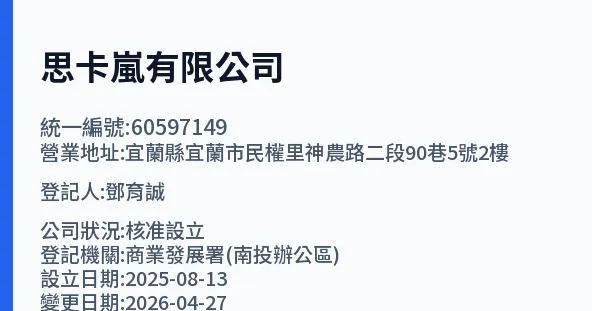 思卡嵐有限公司的照片-統編 60597149(宜蘭縣) 公司登記資料與營業項目詳細圖表