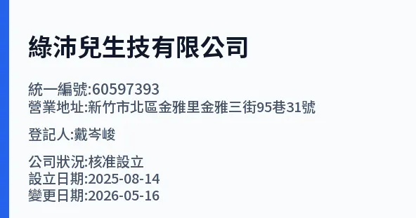 綠沛兒生技有限公司的照片-統編 60597393(新竹市) 公司登記資料與營業項目詳細圖表