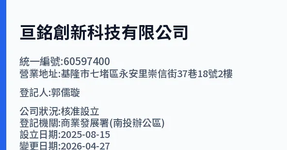 亘銘創新科技有限公司的照片-統編 60597400(基隆市) 公司登記資料與營業項目詳細圖表