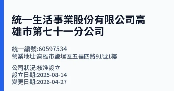 統一生活事業股份有限公司高雄市第七十一分公司的照片-統編 60597534(高雄市) 公司登記資料與營業項目詳細圖表