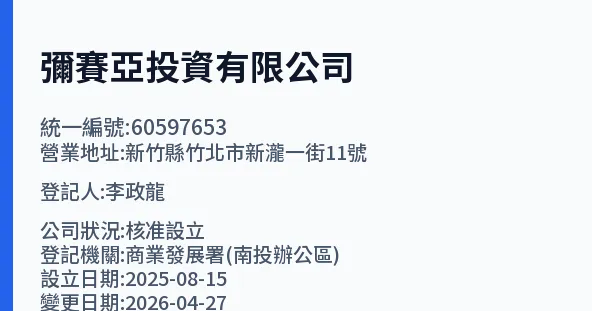 彌賽亞投資有限公司的照片-統編 60597653(新竹縣) 公司登記資料與營業項目詳細圖表