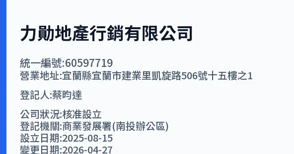 力勛地產行銷有限公司的照片-統編 60597719(宜蘭縣) 公司登記資料與營業項目詳細圖表