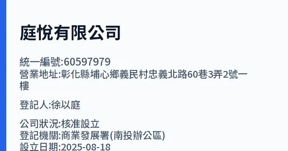 庭悅有限公司的照片-統編 60597979(彰化縣) 公司登記資料與營業項目詳細圖表