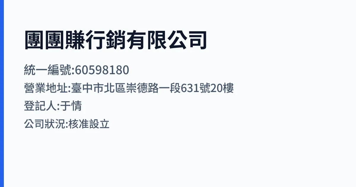 團團賺行銷有限公司 - 統編 60598180(臺中市) 公司登記資料與營業項目詳細圖表