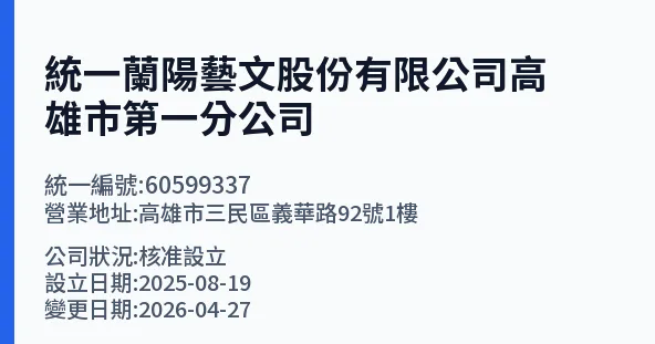 統一蘭陽藝文股份有限公司高雄市第一分公司的照片-統編 60599337(高雄市) 公司登記資料與營業項目詳細圖表