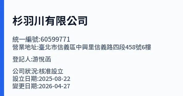 杉羽川有限公司的照片-統編 60599771(臺北市) 公司登記資料與營業項目詳細圖表