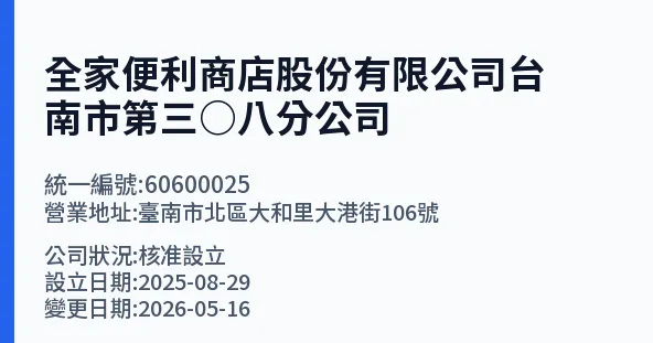 全家便利商店股份有限公司台南市第三○八分公司的照片-統編 60600025(臺南市) 公司登記資料與營業項目詳細圖表