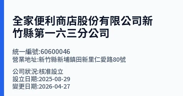 全家便利商店股份有限公司新竹縣第一六三分公司的照片-統編 60600046(新竹縣) 公司登記資料與營業項目詳細圖表