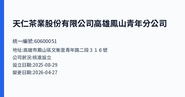 天仁茶業股份有限公司高雄鳳山青年分公司的照片-統編 60600051(高雄市) 公司登記資料與營業項目詳細圖表