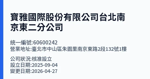 寶雅國際股份有限公司台北南京東二分公司的照片-統編 60600242(臺北市) 公司登記資料與營業項目詳細圖表