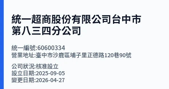 統一超商股份有限公司台中市第八三四分公司的照片-統編 60600334(臺中市) 公司登記資料與營業項目詳細圖表