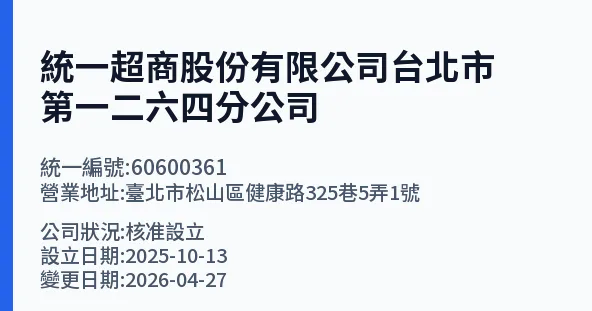 統一超商股份有限公司台北市第一二六四分公司的照片-統編 60600361(臺北市) 公司登記資料與營業項目詳細圖表