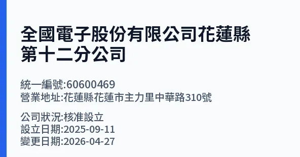 全國電子股份有限公司花蓮縣第十二分公司的照片-統編 60600469(花蓮縣) 公司登記資料與營業項目詳細圖表