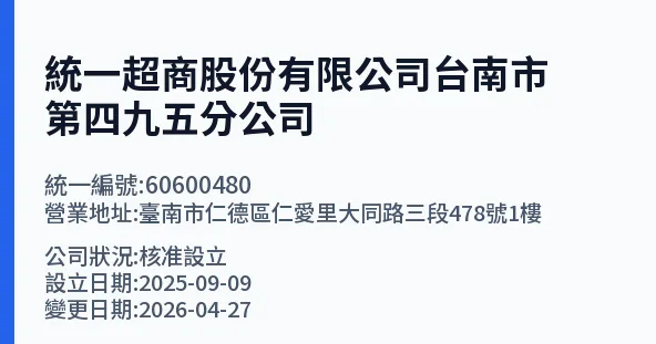 統一超商股份有限公司台南市第四九五分公司的照片-統編 60600480(臺南市) 公司登記資料與營業項目詳細圖表