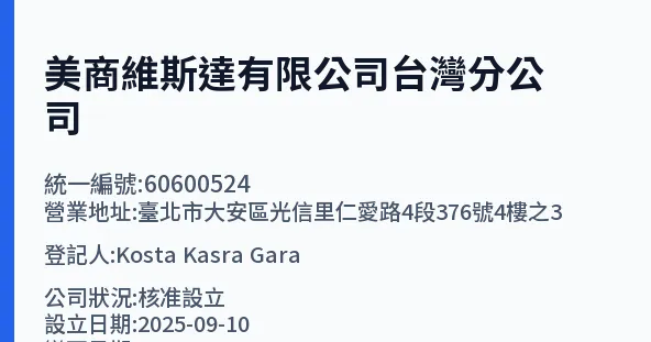 美商維斯達有限公司台灣分公司的照片-統編 60600524(臺北市) 公司登記資料與營業項目詳細圖表
