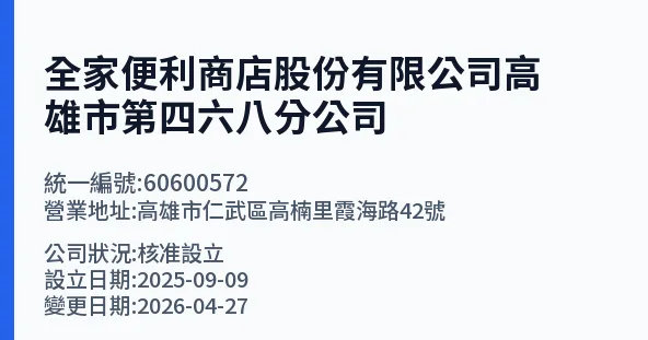 全家便利商店股份有限公司高雄市第四六八分公司的照片-統編 60600572(高雄市) 公司登記資料與營業項目詳細圖表