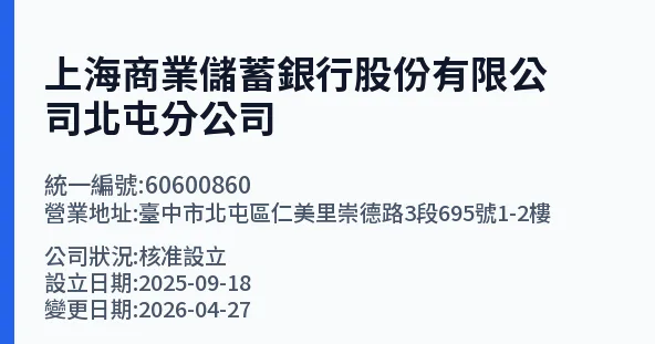 上海商業儲蓄銀行股份有限公司北屯分公司的照片-統編 60600860(臺中市) 公司登記資料與營業項目詳細圖表