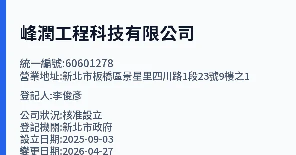 峰潤工程科技有限公司的照片-統編 60601278(新北市) 公司登記資料與營業項目詳細圖表