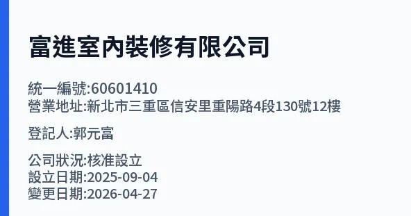 富進室內裝修有限公司的照片-統編 60601410(新北市) 公司登記資料與營業項目詳細圖表