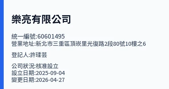 樂亮有限公司的照片-統編 60601495(新北市) 公司登記資料與營業項目詳細圖表