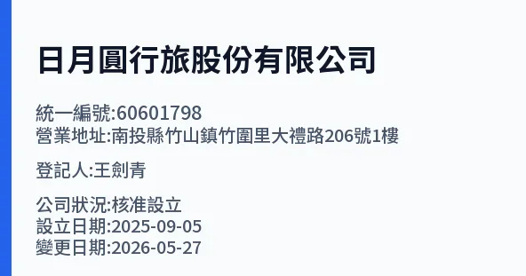 日月圓行旅股份有限公司的照片-統編 60601798(南投縣) 公司登記資料與營業項目詳細圖表