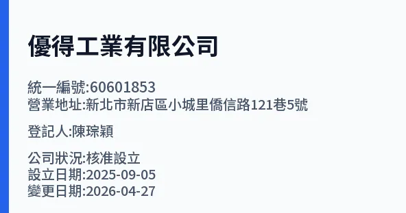 優得工業有限公司的照片-統編 60601853(新北市) 公司登記資料與營業項目詳細圖表