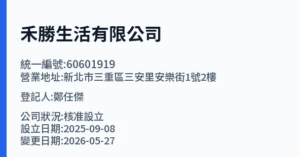 禾勝生活有限公司的照片-統編 60601919(新北市) 公司登記資料與營業項目詳細圖表