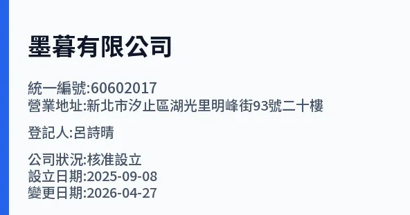 墨暮有限公司的照片-統編 60602017(新北市) 公司登記資料與營業項目詳細圖表