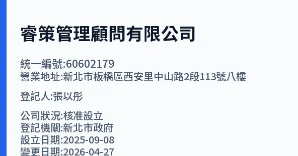 睿策管理顧問有限公司的照片-統編 60602179(新北市) 公司登記資料與營業項目詳細圖表