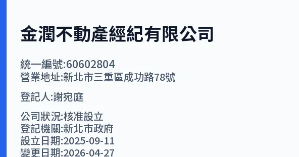 金潤不動產經紀有限公司的照片-統編 60602804(新北市) 公司登記資料與營業項目詳細圖表