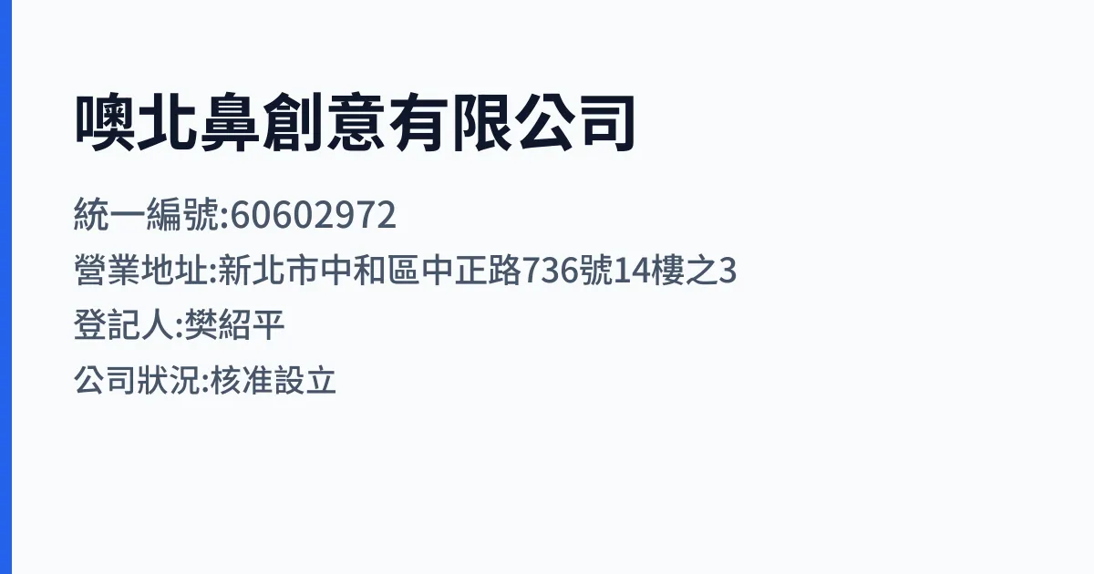 噢北鼻創意有限公司 - 統編 60602972(新北市) 公司登記資料與營業項目詳細圖表