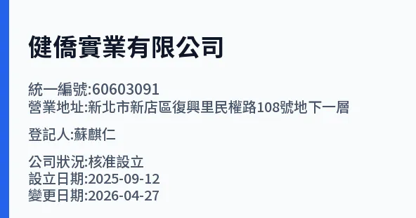 健僑實業有限公司的照片-統編 60603091(新北市) 公司登記資料與營業項目詳細圖表