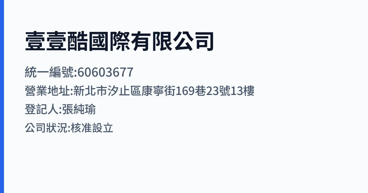 壹壹酷國際有限公司 - 統編 60603677(新北市) 公司登記資料與營業項目詳細圖表