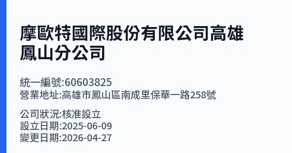 摩歐特國際股份有限公司高雄鳳山分公司的照片-統編 60603825(高雄市) 公司登記資料與營業項目詳細圖表