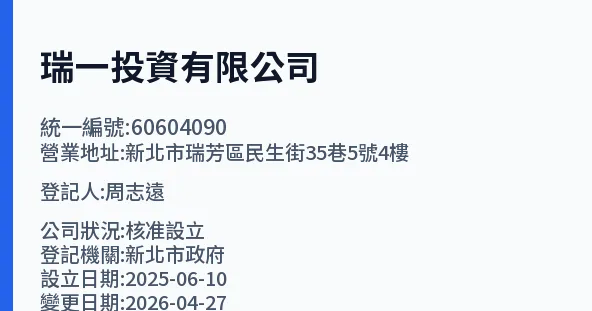 瑞一投資有限公司的照片-統編 60604090(新北市) 公司登記資料與營業項目詳細圖表