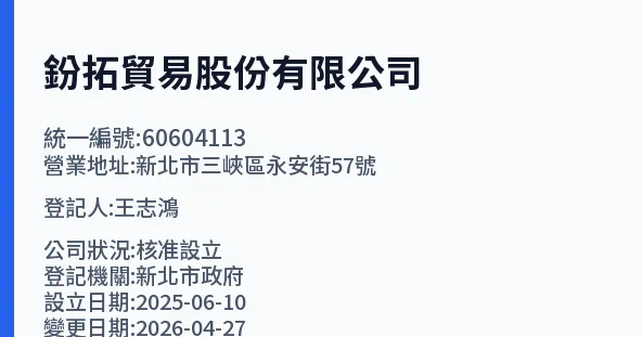鈖拓貿易股份有限公司的照片-統編 60604113(新北市) 公司登記資料與營業項目詳細圖表