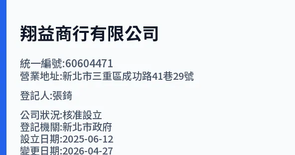 翔益商行有限公司的照片-統編 60604471(新北市) 公司登記資料與營業項目詳細圖表