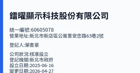 鐳曜顯示科技股份有限公司的照片-統編 60605078(新北市) 公司登記資料與營業項目詳細圖表