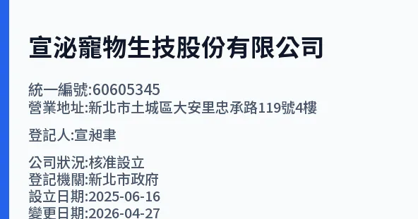 宣泌寵物生技股份有限公司的照片-統編 60605345(新北市) 公司登記資料與營業項目詳細圖表