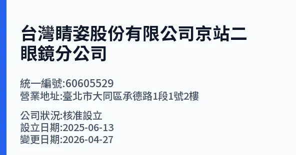 台灣睛姿股份有限公司京站二眼鏡分公司的照片-統編 60605529(臺北市) 公司登記資料與營業項目詳細圖表