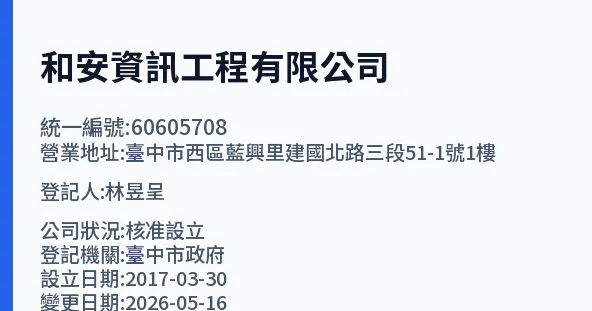 和安資訊工程有限公司的照片-統編 60605708(臺中市) 公司登記資料與營業項目詳細圖表