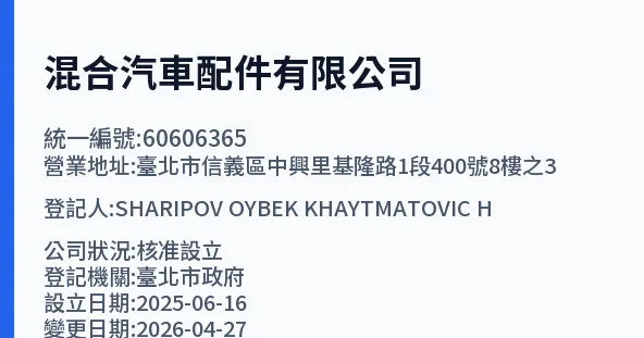 混合汽車配件有限公司的照片-統編 60606365(臺北市) 公司登記資料與營業項目詳細圖表