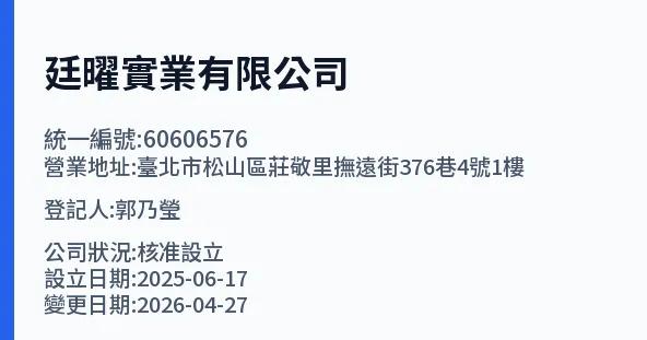 廷曜實業有限公司的照片-統編 60606576(臺北市) 公司登記資料與營業項目詳細圖表