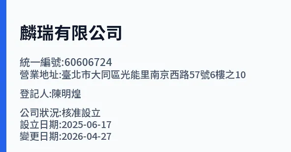 麟瑞有限公司的照片-統編 60606724(臺北市) 公司登記資料與營業項目詳細圖表