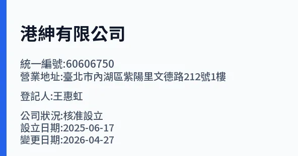 港紳有限公司的照片-統編 60606750(臺北市) 公司登記資料與營業項目詳細圖表