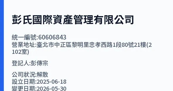 彭氏國際資產管理有限公司的照片-統編 60606843(臺北市) 公司登記資料與營業項目詳細圖表