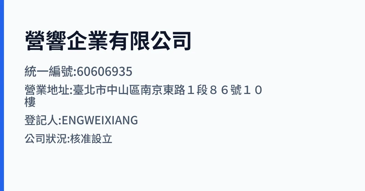 營響企業有限公司 - 統編 60606935(臺北市) 公司登記資料與營業項目詳細圖表