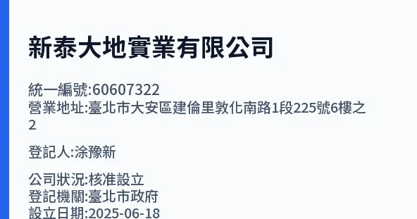 新泰大地實業有限公司的照片-統編 60607322(臺北市) 公司登記資料與營業項目詳細圖表